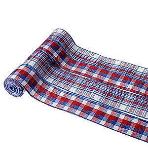 Patriotic Ribbon Rustic Blue Red White Grid Burlap Ribbon 2inch Memorial Day President's Day 4th of July USA Wired Ribbon for Wreaths Trees Crafts Holiday Decorations 5yards