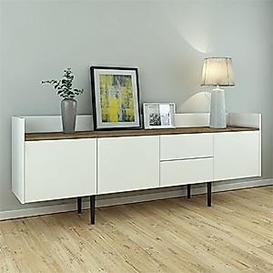 Pemberly Row Scandinavian Look 76.97" W Sideboard Cabinet, Buffet Credenza with 2 Drawer and 3 Door in White and Walnut