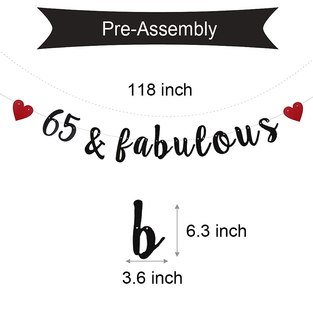 XIAOLUOLY Black 65 & Fabulous Glitter Banner,Pre-Strung,65th Birthday / Wedding Anniversary Party Decorations Bunting Sign Backdrops,65 & Fabulous