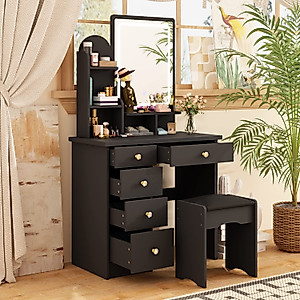 AGOTENI Black Vanity Set with Mirror, Makeup Vanity Dressing Table with Lighted Mirror, 5 Drawers, Shelves, Dresser Desk and Cushioned Stool Set