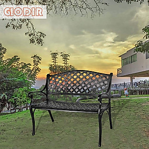 GIODIR Outdoor Patio Garden Bench All-Weather Cast Aluminum Loveseats Park Yard Furniture Porch Chair Work Entryway Decor w/Checkered Design (Black)