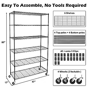 WDT NSF Certified Storage Shelves on Wheels, Heavy Duty Metal Shelves for Storage with Adjustable Stand, 6-Tier Wire Shelving Unit for Garage Pantry Kitchen Shelf Rack(17" W*47" D*80" H), Black