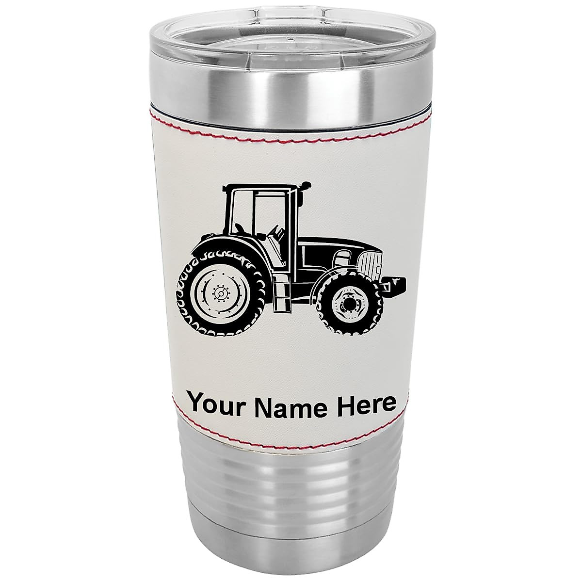 LaserGram 20oz Vacuum Insulated Tumbler Mug, Farm Tractor, Personalized Engraving Included (Faux Leather, Baseball Style)