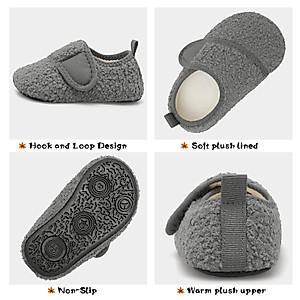 Scurtain Toddler Baby Boys Girls Cute Shoes Non Skid Hook And Loop Soft Slipper Warm Plush Lined Grey Infant Size 3.5-4.5