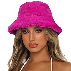 Sydbecs Winter Bucket Hat Fluffy Faux Fur Fisherman Cap for Women Men Solid Color Style(Hot Pink)