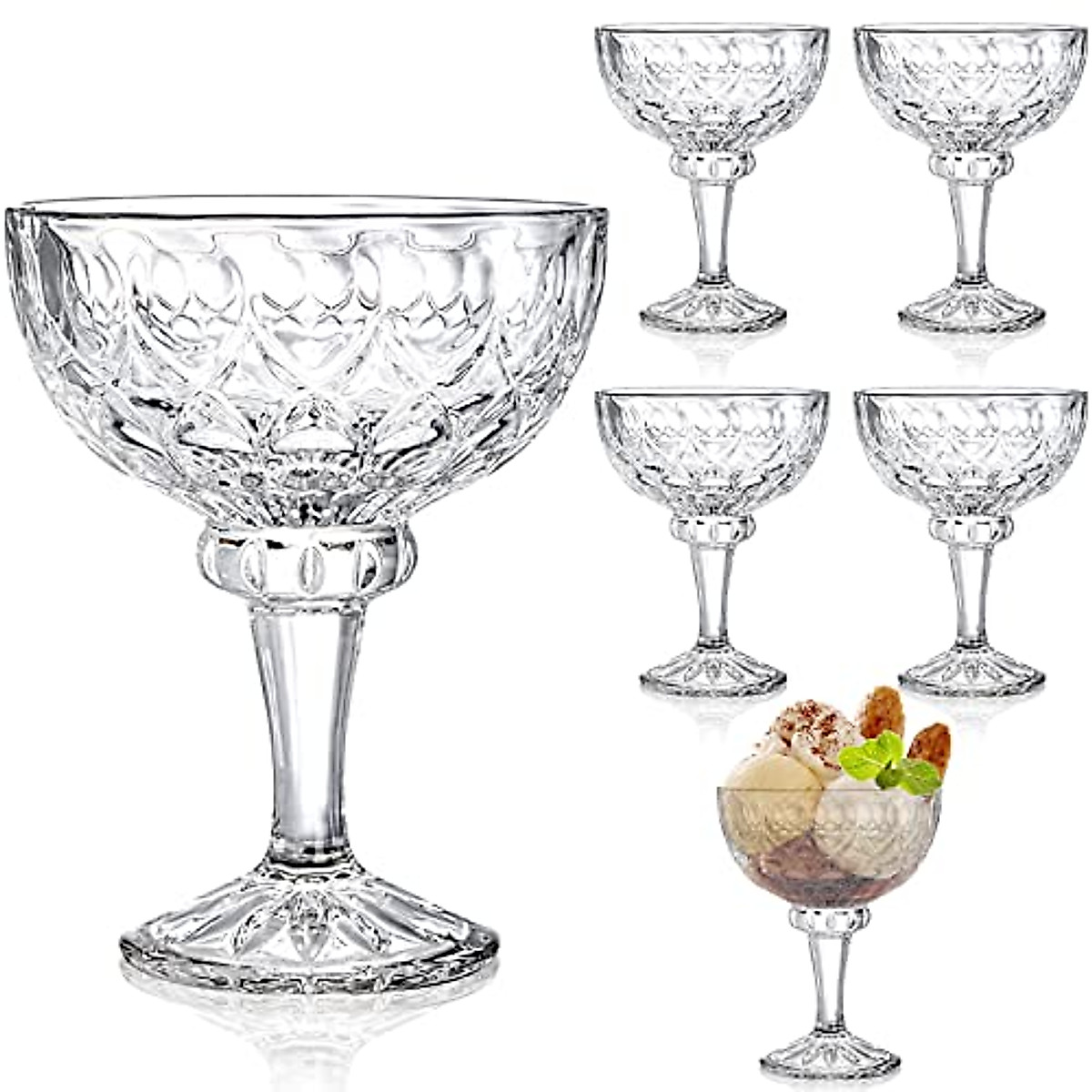 Dicunoy 6 Pack Glass Ice Cream Bowls, 8 OZ Footed Dessert Cups, Clear Crystal Mousse Dishes, Coupe Salad Bowls for Fruit, Sundae, Snack, Cocktail, Condiment, Trifle, Individual Serving