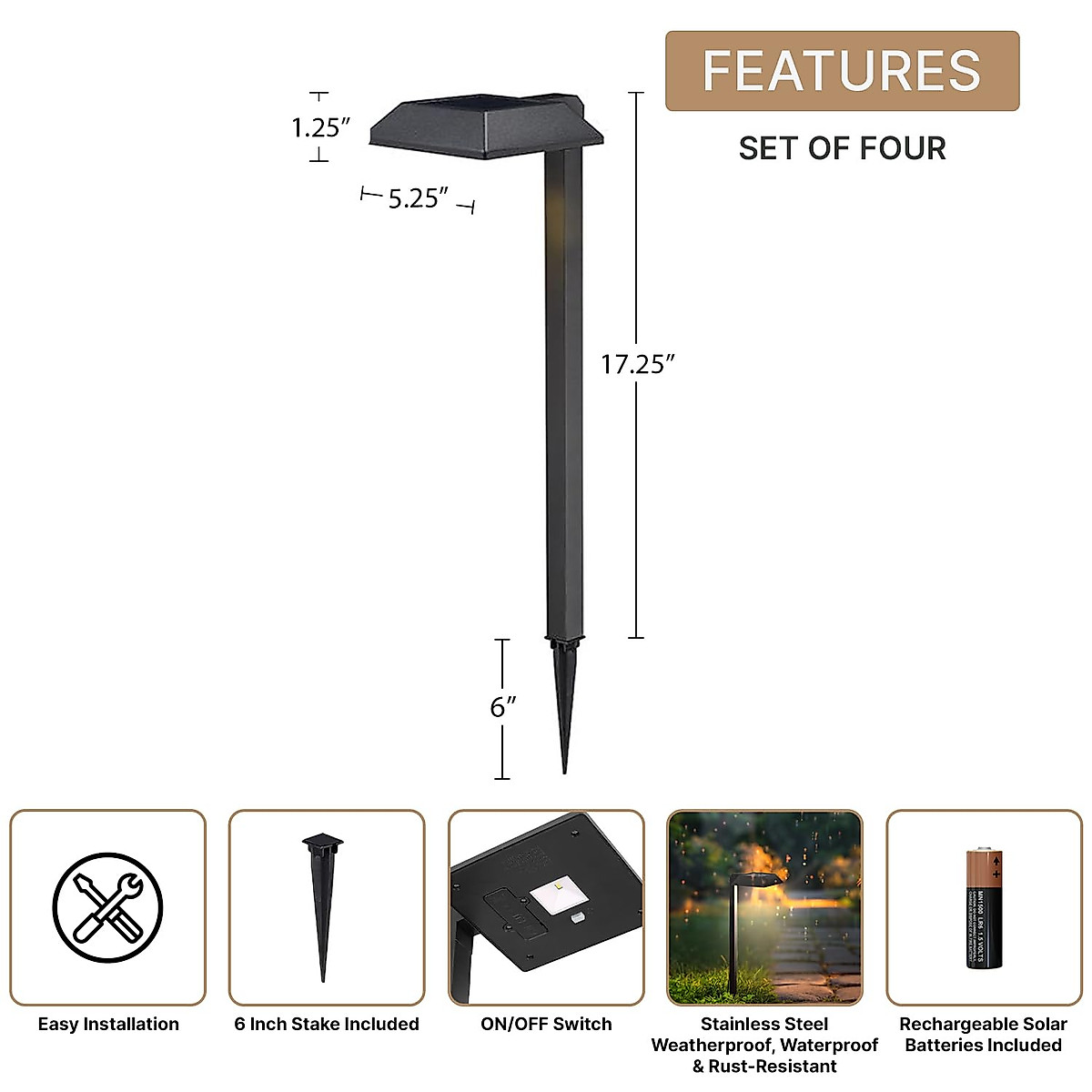 LampLust Black Solar Pathway Lights Outdoor, 4 Pack Stainless Steel Modern Path Lights, Waterproof, LED Metal Solar Garden Light for Yard, Walkway, Driveway & Landscape Lighting