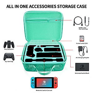 Switch Case for Nintendo Switch and Switch OLED Model, Portable Full Protection Carrying Travel Bag with 24 Game Cards Storage for Switch Console Pro Controller Accessories ,Animal Crossing Green
