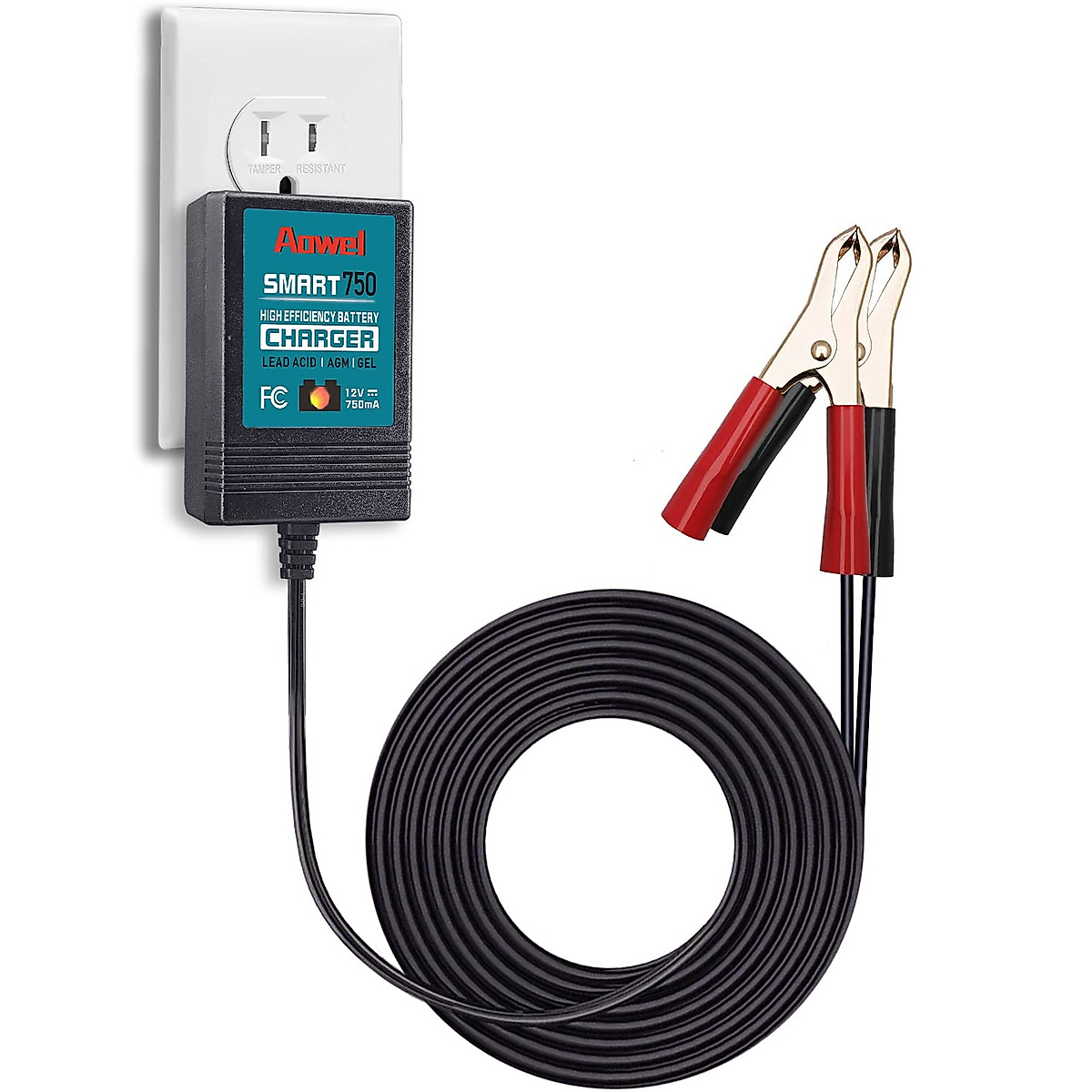 Aowel 750mA Trickle Battery Charger, 12V Fully-Automatic Smart Charger Battery Maintainer for Cars, Motorcycle, ATVs and More