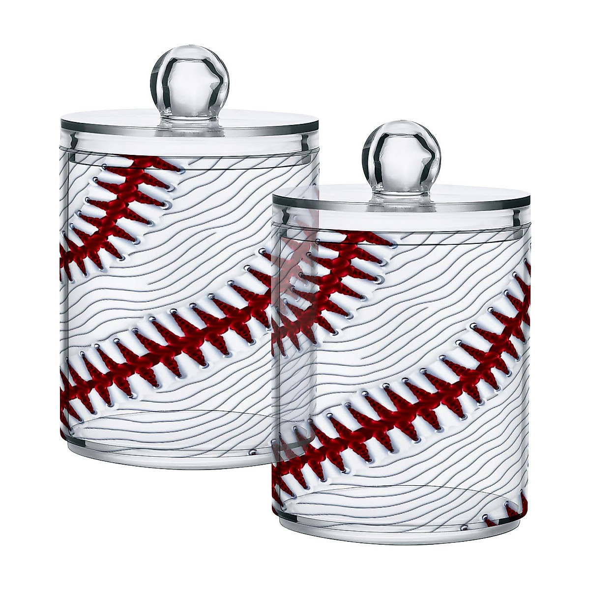 ATTX Sport Baseball Print Qtip Holder Dispenser for Cotton Ball, Cotton Swab,Plastic Clear Apothecary Jar, Home Décor Kitchen Storage Jar,2 Pack