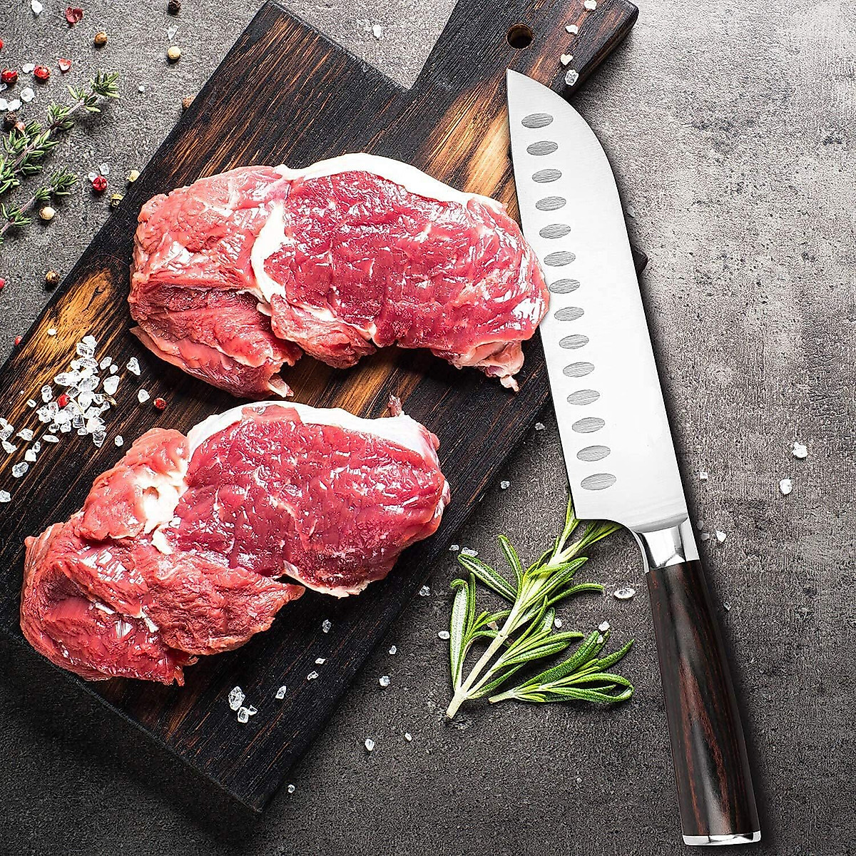 SOAMOEU 7-inch Santoku Knife, Made of German High-Carbon Stainless Steel with Mahogany Handle, Used for Chopping, Dicing and Slicing Vegetables, Fruits, Fish, Meat