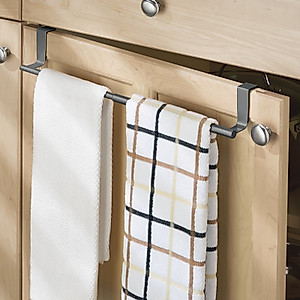 mDesign Adjustable, Expandable Over Kitchen Cabinet Towel Bar Rack - Hang on Inside or Outside of Doors, Hold Hand, Dish, Tea Towels - Customizable to 17" Wide, Omni Collection - Matte Black