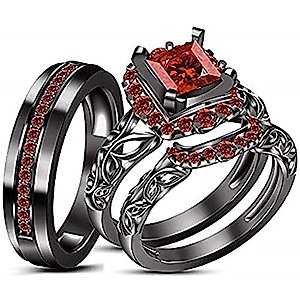 Charming_Creation 2.00 Ct Princess Cut Ruby Wedding Engagement His Her Trio Band Ring Set 14k Black Gold Finish (8.5)