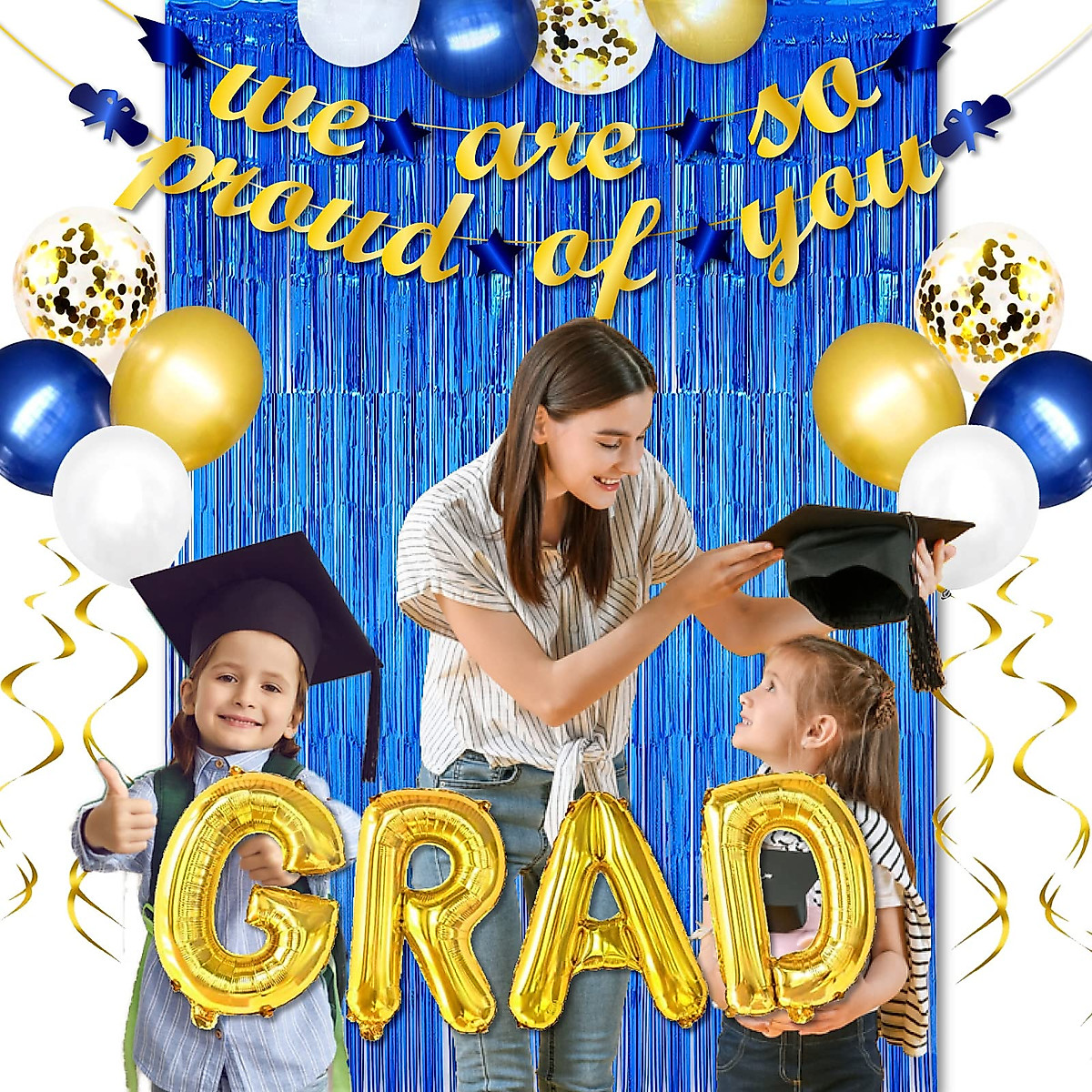 2022 Graduation Party Decorations-Blue and Gold We Are So Proud Of You Banner, Congrats Grad Balloon Foil Curtain Backdrop Party Supplies, Photo Prop for Indoor Outdoor Home High School, College