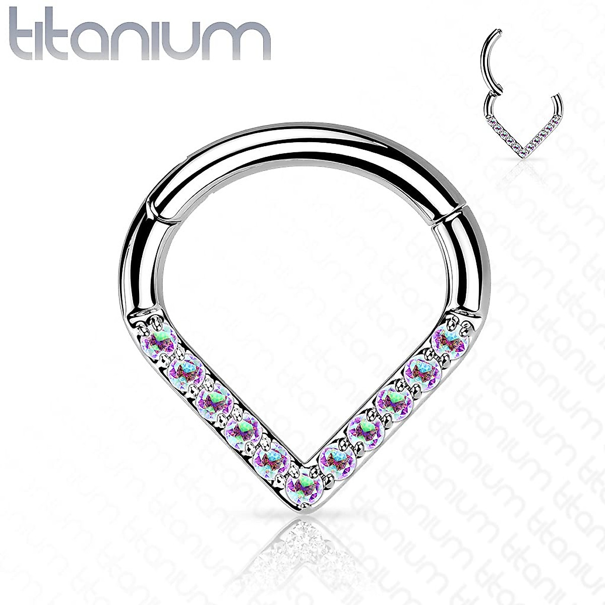 Dynamique Implant Grade Titanium Hinged Segment Hoop Ring With Single Line CZ Paved Chevron (Sold Per Piece)
