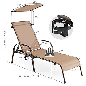 Giantex Patio Chaise Lounge Chair - Outdoor Beach Chair with Adjustable Canopy, Cupholder, 5-Level Backrest, Metal Frame Sunbathing Lounger for Outside, Poolside, Yard, Lawn Tanning Chair (1, Brown)