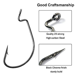 UCEC Fishing Hooks, 100pcs/box Offset Wide Gap 2X Strong Worm Hooks Senko Bait Jig Fish Hooks for Bass Trout Saltwater Freshwater Size:#1 1/0 2/0 3/0 4/0 5/0