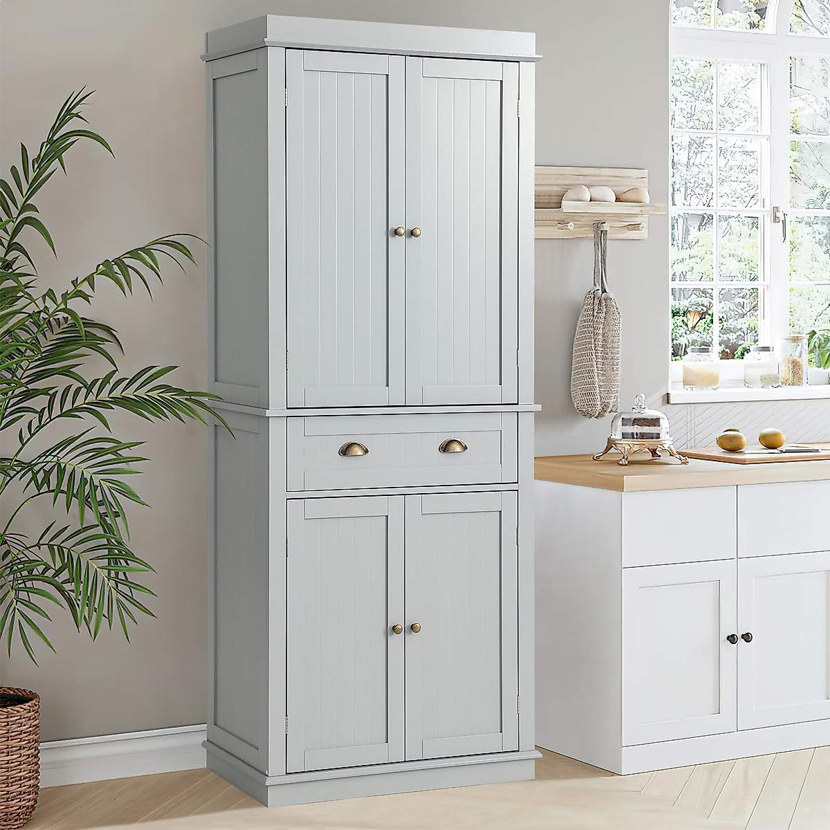 LOUVIXA 72" Kitchen Pantry Storage Cabinet, Freestanding Cupboard with 2 Cabinets, Drawer and Adjustable Shelves, Tall Storage Cabinet for Kitchen, Dinning Room, Living Room, Grey