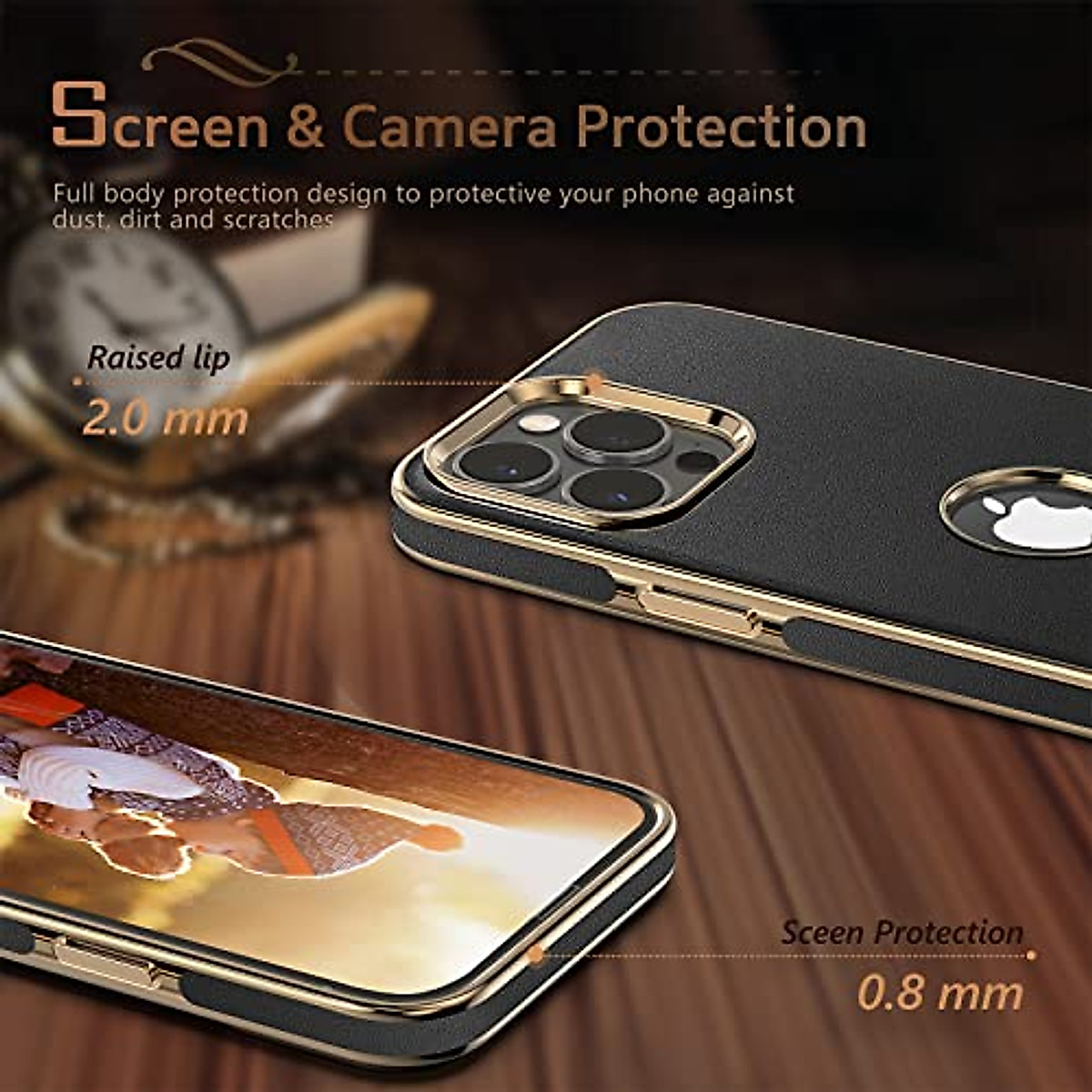 LOHASIC Compatible with iPhone 14 Pro Max Case, Slim Leather Gold Electroplated Bumper Anti-Scratch Soft Back Cover Protective Men Cases Designed for iPhone 14 Pro Max 6.7 inch 2022 - Black
