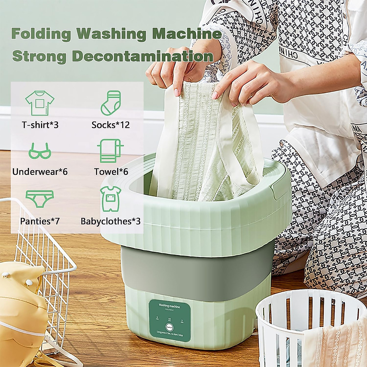 Foldable Mini Washing Machine,Small Washing Machine for Underwear,Laundry, Camping, RV, Travel, Underwear, Socks, Baby clothes Lightweight and Easy to Carry (ABS-Green) Touch key