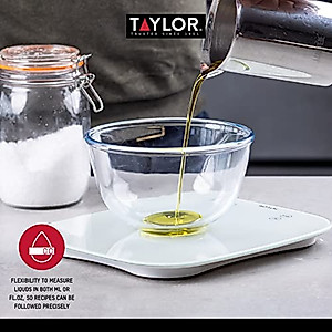 Taylor Pro Digital Kitchen Food Scales, Compact Professional Standard with Precision Accuracy and Waterproof Design with Tare Feature, White Glass, Weighs 14 kg/14 L Capacity