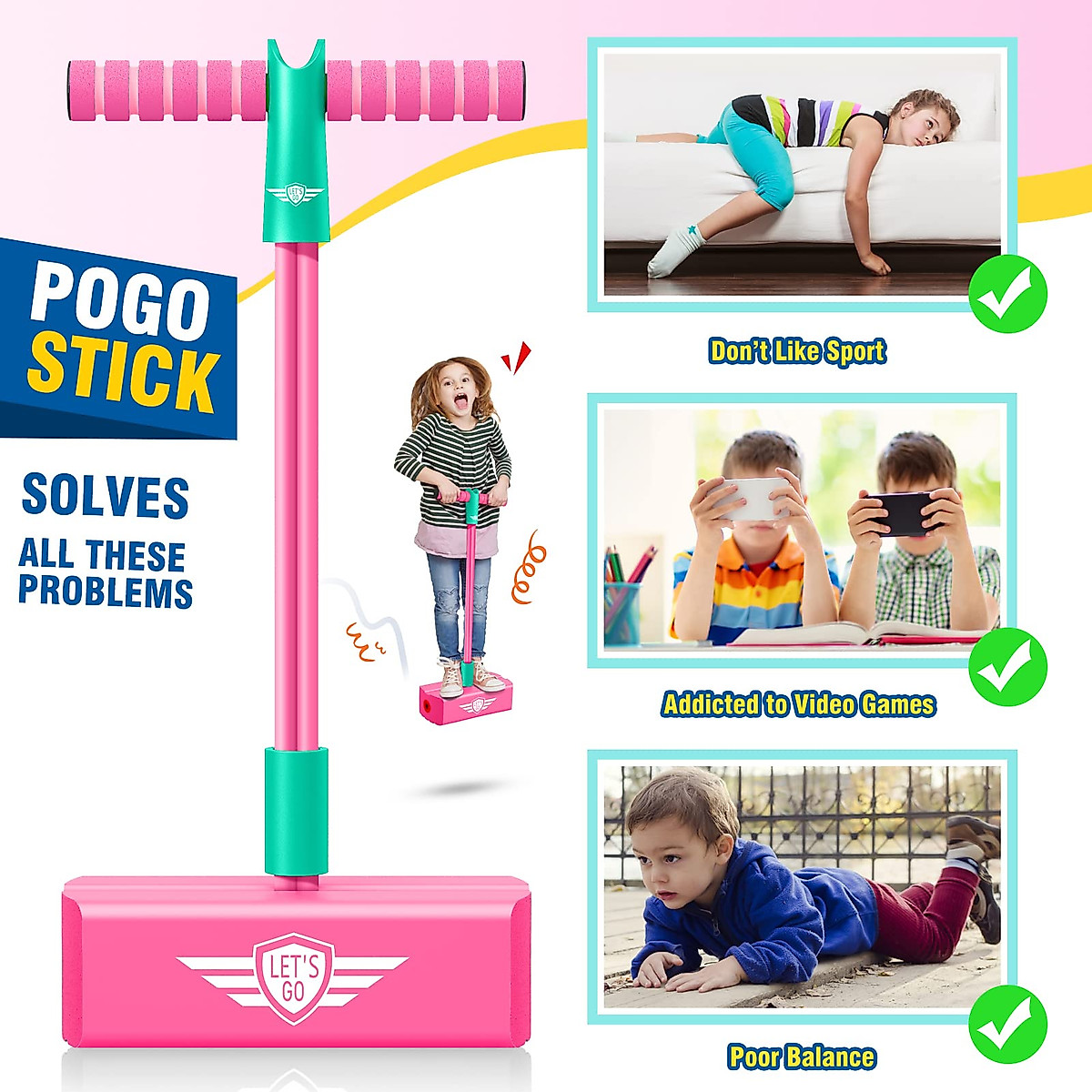 CUUGO LET'S GO! CG Pogo Stick Toys for 3-12 Year Old Girls, Foam Pogo Jumper Toys for Age 3-12 Years Old Kids Pogo Stick Autism Toys Outdoor Toys Party Birthday Stocking Stuffers Fun Toys, Rose Red
