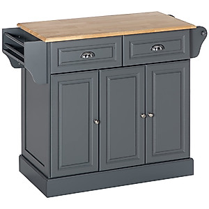 HOMCOM Triple-Cabinet Kitchen Island on Wheels, Kitchen Storage Cabinet with Drawers & Countertop, Rolling Utility Cart with Wood Top, Towel Rack, Spice Stand, Dark Gray