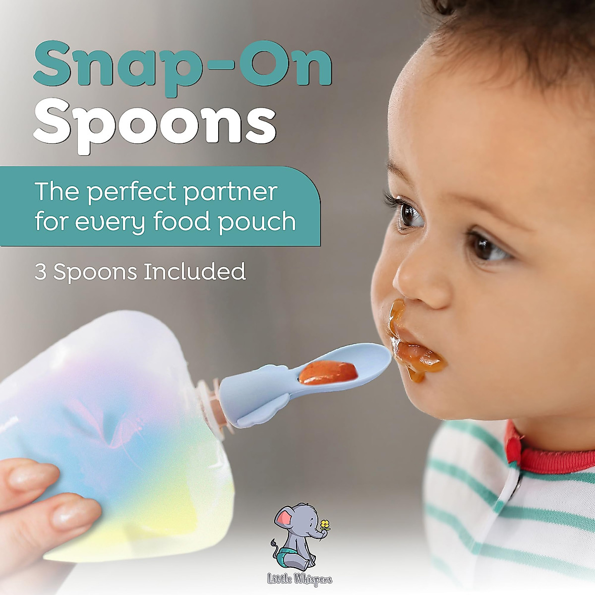 LittleWhispers Baby Food Pouch Silicone Spoons with Travel Cases - 3 Squeeze Pouch Attachment Toppers
