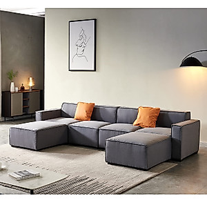 Moxoq Luxury Modern Modular U-Shaped Sectional Sofa Set, Minimalist Linen Fabric Upholstered Comfy Couch with Convertible Chaise, Large Cloud Couch for Living Room (Dark Grey, U-Shaped)