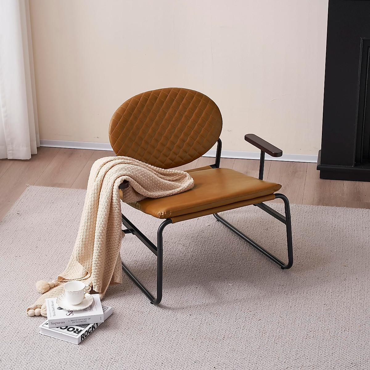 Penifun Accent Metal Frame, PU Leather Upholstered Comfy Oval Back with Lattic, Side Leisure Lounge Arm Chairs Armchairs for Living Room, Bedroom, Brown