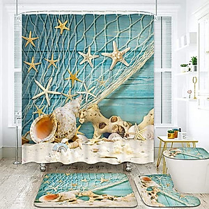 ASPMIZ 4 Pcs Seashell Starfish Shower Curtain Sets with Non-Slip Rug, Toilet Lid Cover and Bath Mat, Ocean Conch Nautical Shower Curtain with 12 Hooks, Waterproof Beach and Fishing Nets Bath Curtain