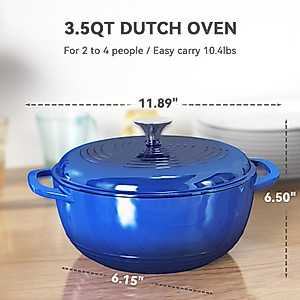 magicplux 3.5 Quart Dutch Oven, Enameled Cast Iron Dutch Oven Pot with Lid, Dual Handles, Blue