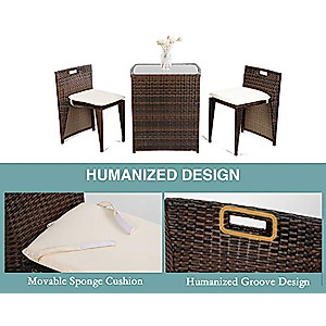 FDW Patio Set 3 Pieces Outdoor Wicker Patio Furniture Sets Wicker Bistro Set Rattan Chair Conversation Sets Patio Sofa Wicker Table Set for Yard Backyard Lawn Porch Poolside Balcony,Brown