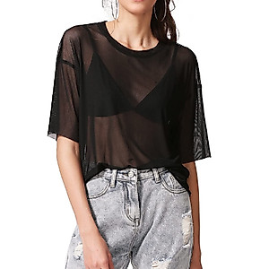 MakeMeChic Women's Summer Short Sleeve Tops See Through Mesh Sheer Sexy T Shirt Blouse A Black M