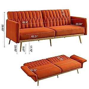 TTGIEET 70" W Velvet Convertible Futon Sofa Bed, Mid Century Modern Decor, Tufted Loveseat Couch Sleeper Futon Sofa with Adjustable Armrests& Golden Metal Legs for Home Living Room Bedroom (Orange)