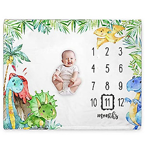 Popfavors Dinosaur Baby Monthly Milestone Blanket, Dinosaur Baby Growth Chart Milestone Blanket, Newborn Month Blanket for Boy & Girl, Includes Marker (50"x40")