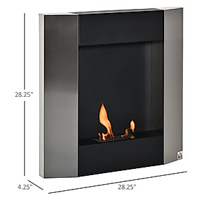 HOMCOM Ethanol Fireplace, 28.25" Wall-Mount 0.2 Gal Stainless Steel 215 Sq. Ft., Burns up to 1 Hour, Silver/Black