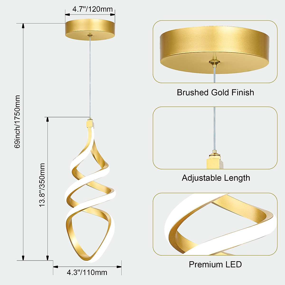 Pendant Lights,3 Pack Brushed Gold Pendant Lighting for Kitchen Island,LED Pendant Lights 3 Color Temperature,Modern Pendant Light Fixtures,Gold Brass Pendant Lighting,Dimmable Spiral Ceiling Light