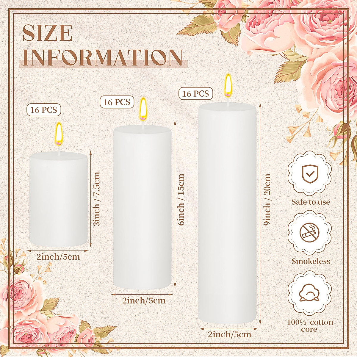 MTLEE 48 Pcs Set of 3 Pillar Candles Pillar Candle Bulk 3 Inch 6 Inch 8 Inch Assorted Candles Dripless Unscented Smokeless Pillar Candles for Wedding Holiday Dinner Restaurants Spa Home Decor