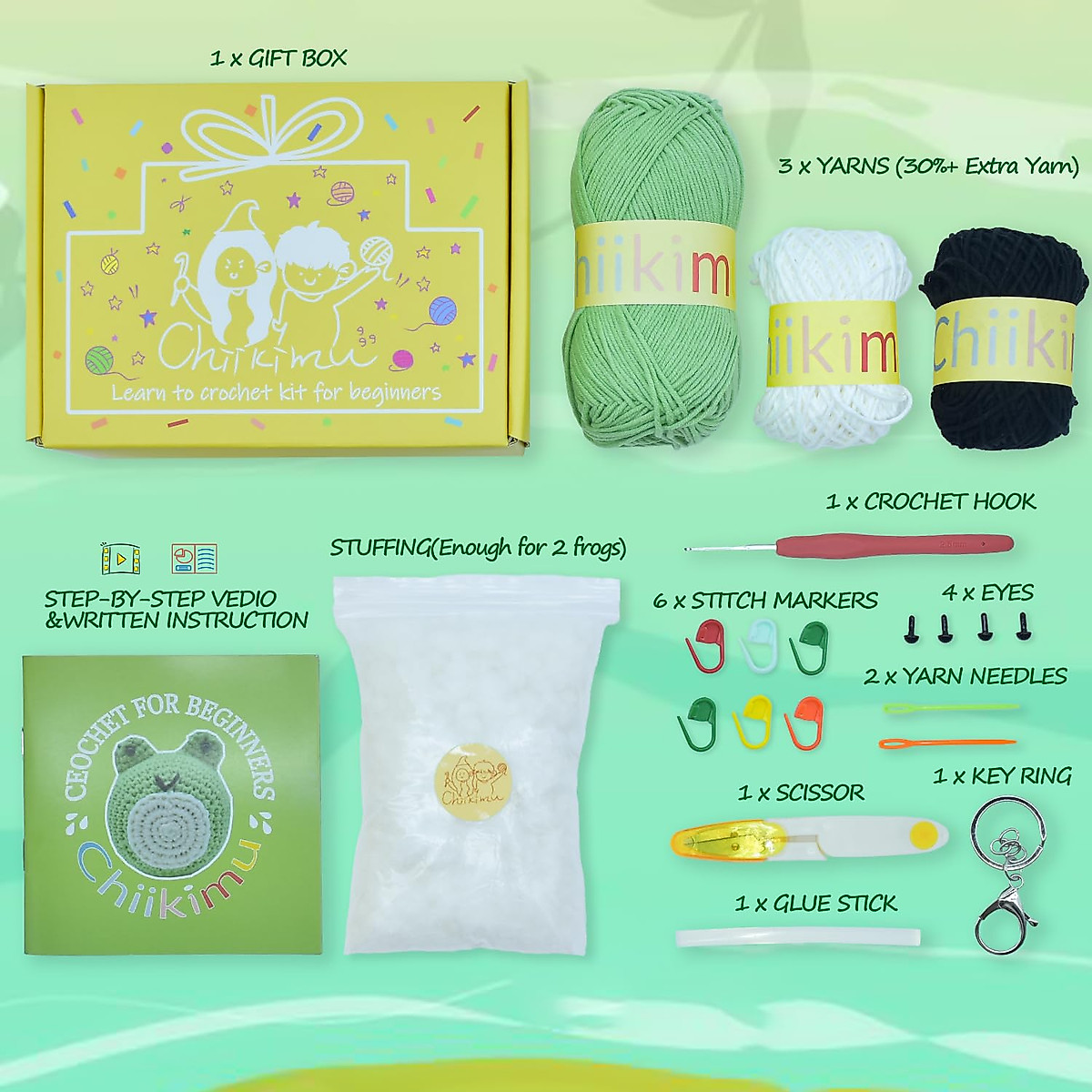 Chiikimu Crochet Kit for Beginners, Amigurumi Crochet Starter Kit with Step-by-Step Video Tutorial, Beginner Crochet Kit for Kids Adults Learn to Crochet Animals Kit, Frog Brothers (50%+ Extra Yarns)