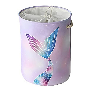 INough Baby Laundry Hamper Fabric Storage Basket Round Laundry Basket for Girls Collapsible Laundry Baskets with Drawstring Closure, Mermaid Room Decor for Girls Room, Laundry (Mermaid Tail)