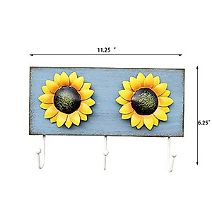 Wood Metal Sunflower Wall Hook Keys Coats Aprons Utilities Hook Kitchen Living Room Wall Decor-(White,Blue & Green,Set of 3)