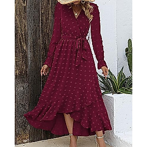 BTFBM Women's Boho Wrap Maxi Dress Summer Fall V Neck Swiss Dot Long Sleeve Flowy Slit Wedding Party Cocktail Dresses(Swiss Dot Wine Red, Small)