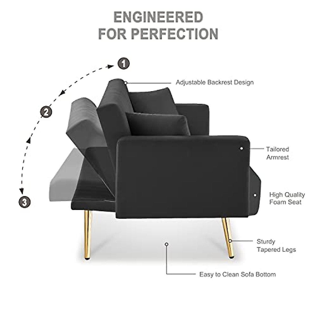 GEEVIVO Sleeper Sofa Bed Modern Tufted Futon Couch, Convertible Loveseat Sleeper Sofa Couch w/ 3 Angle Adjustable Backrest and Rose Gold Metal Legs, Accent Recliner for Home Living Room Bedroom
