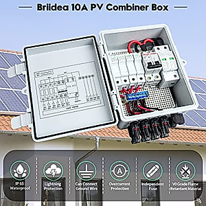 Solar Combiner Box, Briidea PV Combiner Box 4 String with 10A Circuit Breakers & Lightning Arreste for Solar Panels, IP 65 Waterproof