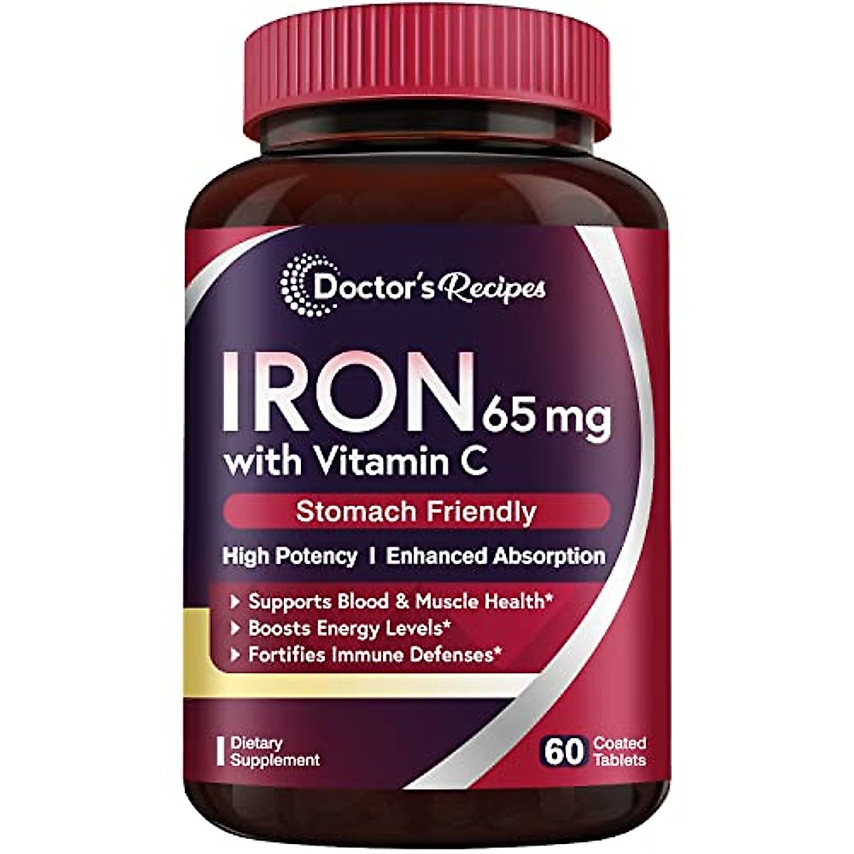 Doctor’s Recipes Iron 65 mg Carbonyl Iron with Vitamin C, Maximized Absorption Easy on The Stomach, Red Cells Formation, Blood, Heart, Brain, Muscle & Immunity Health, Vegan Non-GMO 60 Tablets