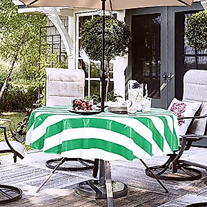 LUSHVIDA Outdoor PVC Stripe Tablecloth with Umbrella Hole and Zipper, Round Table Cover for Spring Summer Patio Garden Tabletop Decor, Green/White, 60 Inch