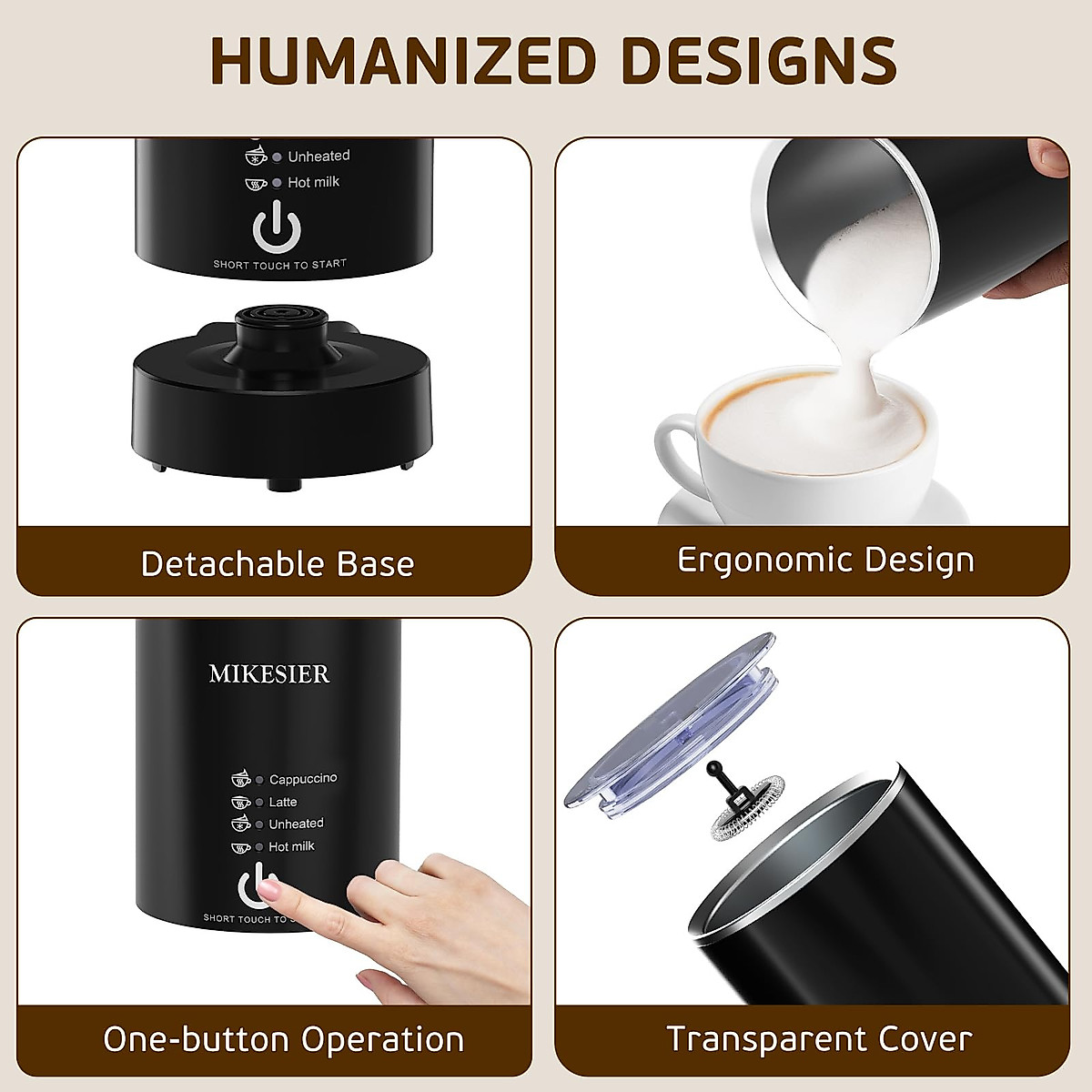 Milk Frother, 4 in 1 Electric Milk Frother and Steamer, Stainless Steel Automatic Hot and Cold Foam Maker with Temperature Control for Coffee, Latte, Hot Chocolate, Cappuccinos, Macchiato, Black