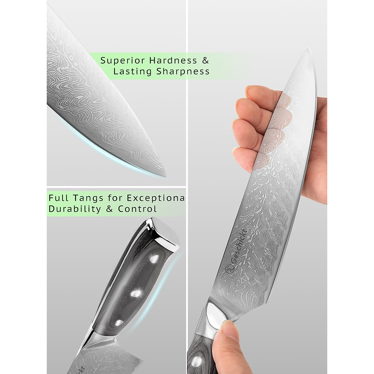 Geschickt Chef knife, Kitchen Knife 8'' with Improved Thicker Handle for Comfort & Balance, Razor Sharp Forged Full Tang Knife, High Carbon Stainless Steel, Ergonomic Design, Grey