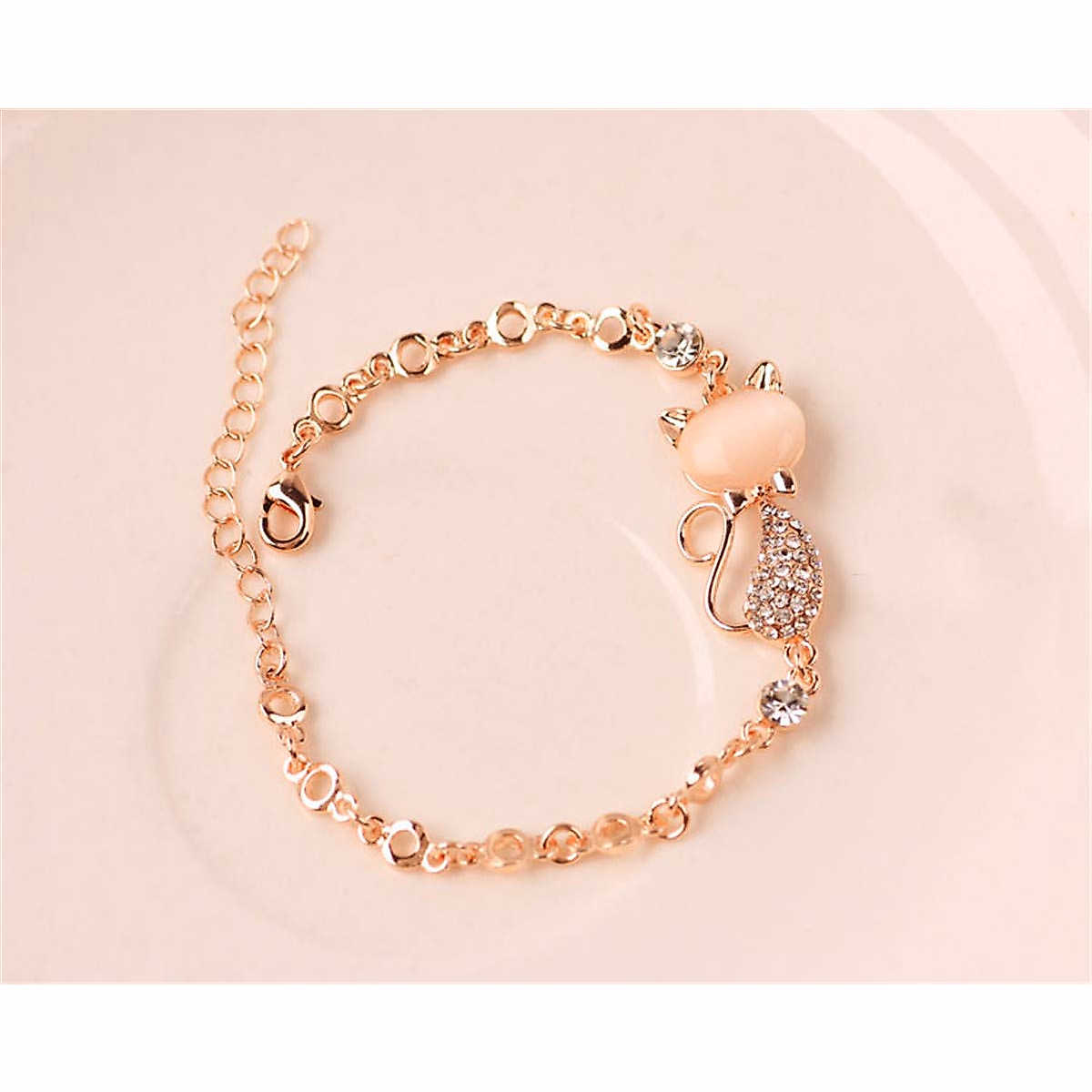 HELPFLOWER CH01 925 Plated Sterling Diamond Bracelet Cat Adjustable Bracelets with Chain Unique Jewelry Present for Women